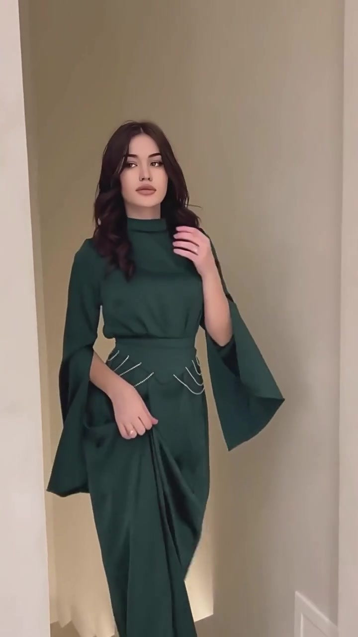 Modest Satin Maxi Dress with Split Sleeves & Waist Crystal Detail Dark ...