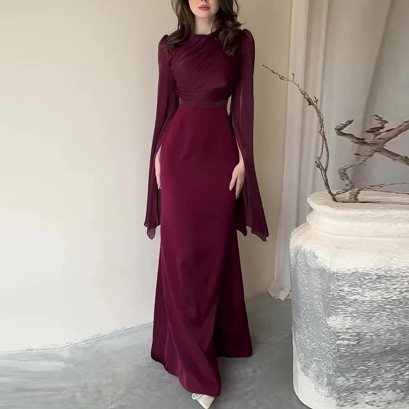 Modest Satin Maxi Evening Dress with Split Sleeves – Mystic Modesty